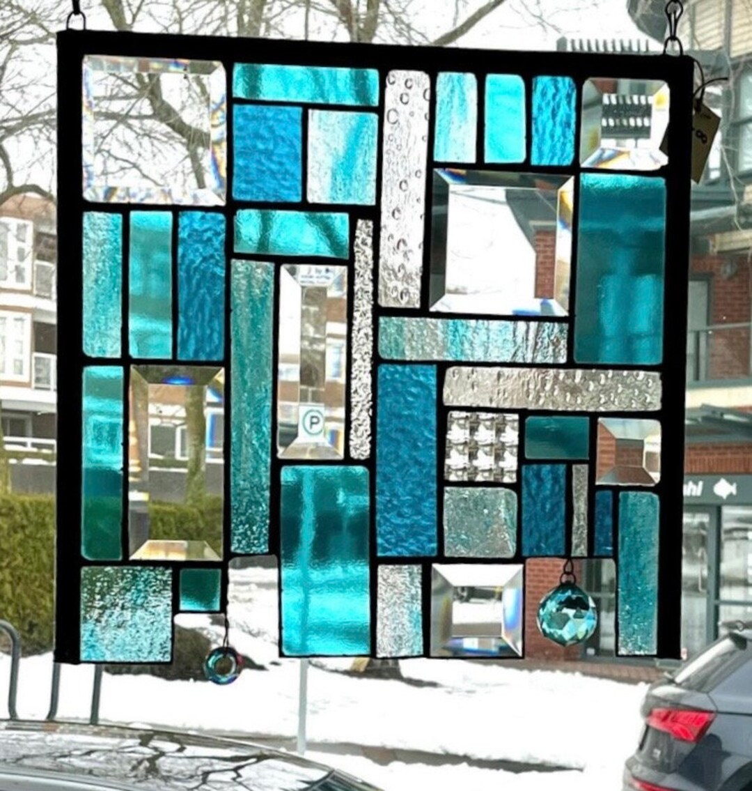 Stained Glass Blue Geometric Panel, Unique Glass Art, One of a Kind ...