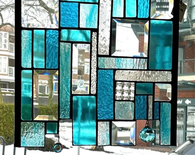 Stained Glass Blue Geometric Panel, Unique Glass Art, One of a Kind ...