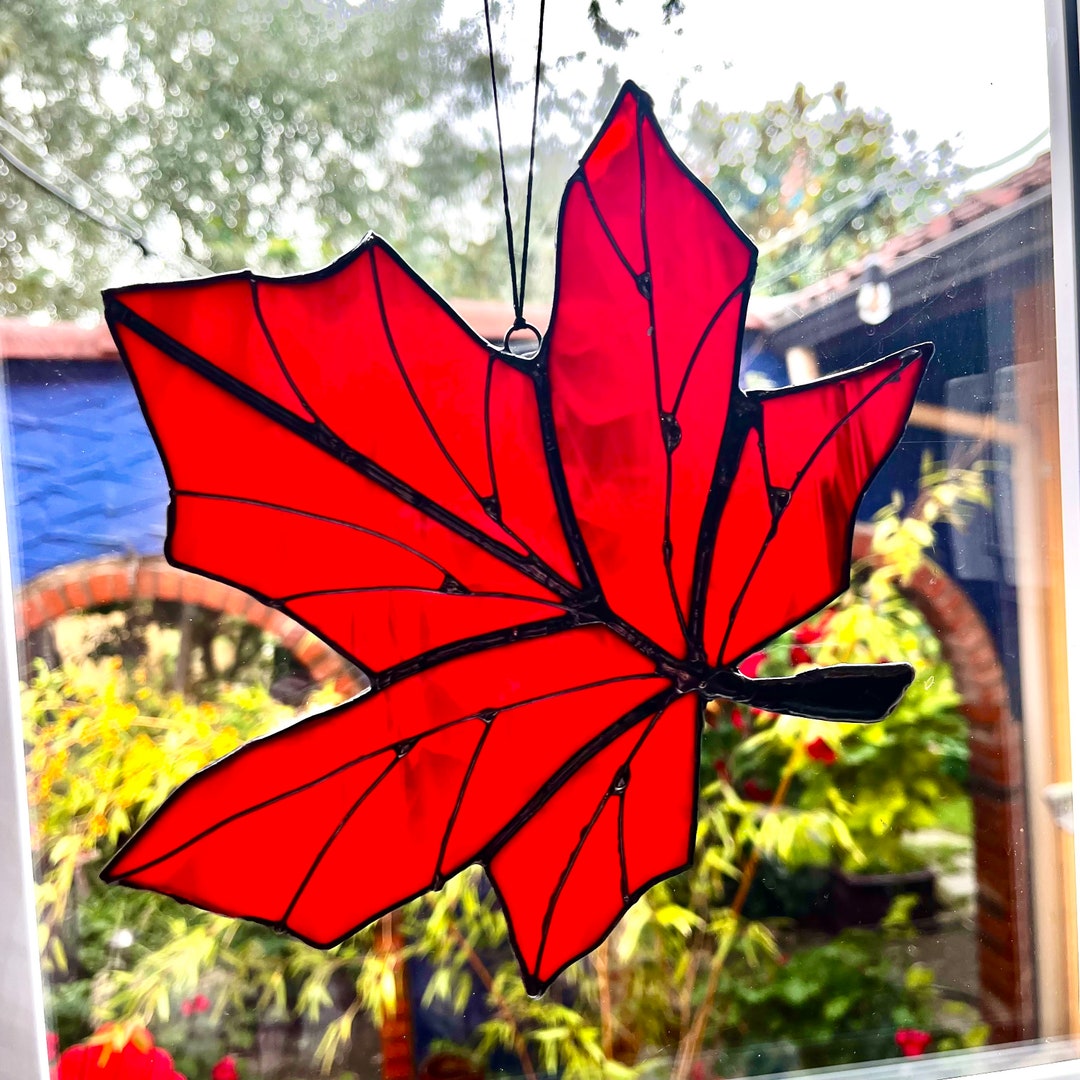 Stained Glass Maple Leaf, Maple Leaf Glass Art, Red Maple Leaf, Hanging ...