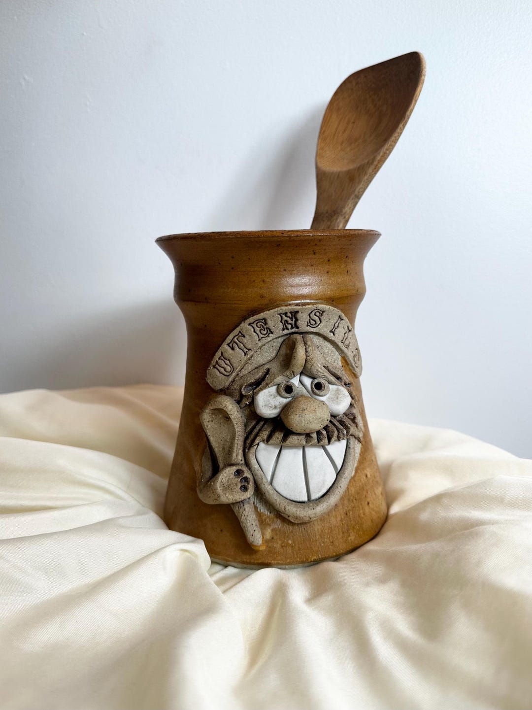Vintage Funny Face Stoneware Kitchen Utensil Holder - Vintage Ugly Face ...