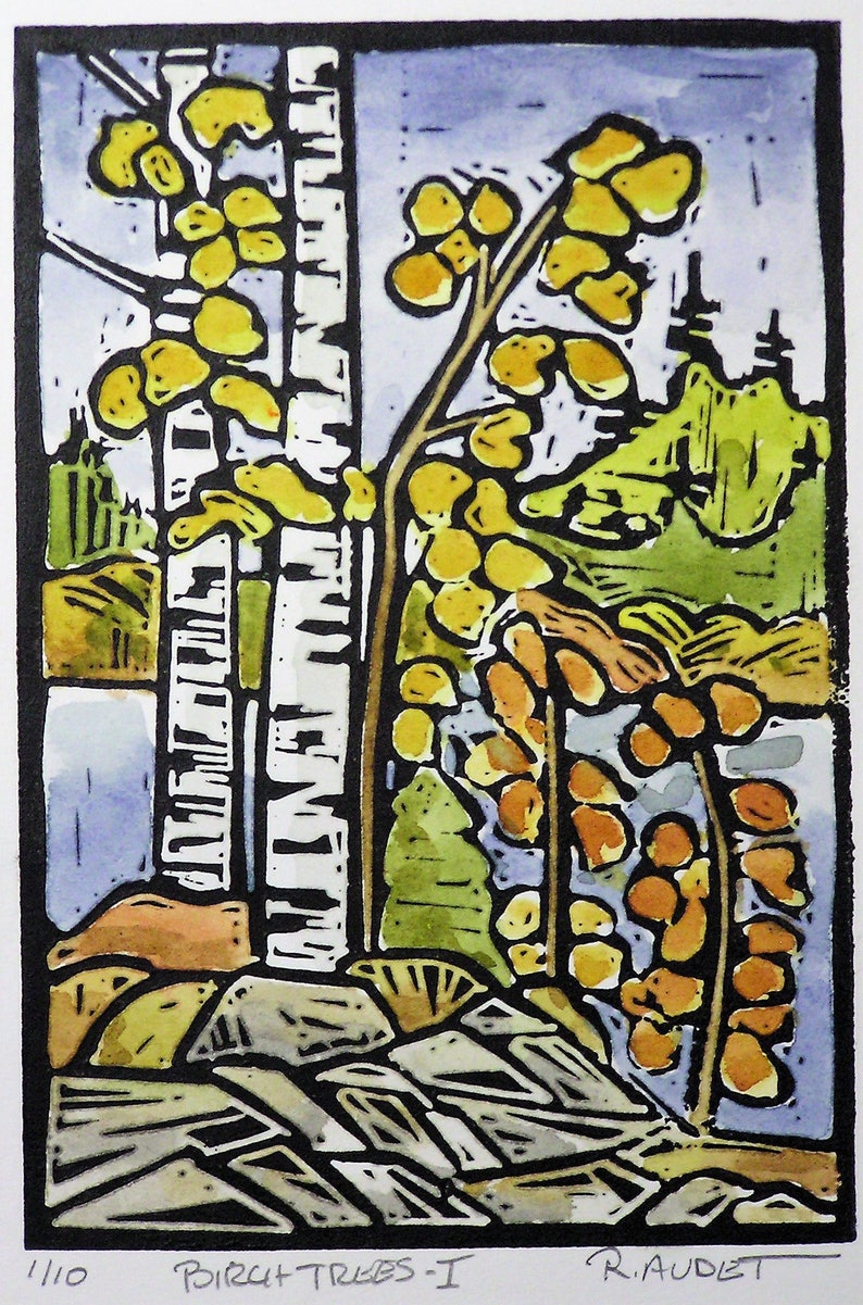 Birch Trees I, Hand Watercolored Linocut Print by Richard Audet - Etsy