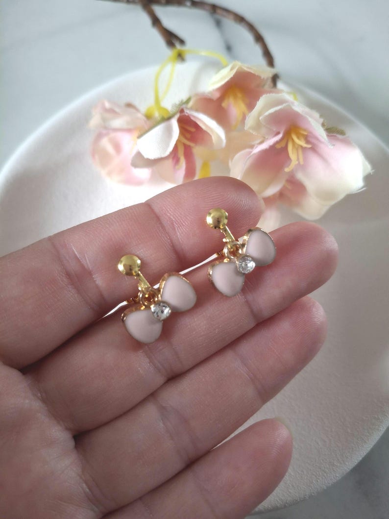 Pink Bowknot Clip-on Earrings With Diamante Detail. for Non-pierced ...