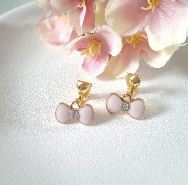 Pink Bowknot Clip-on Earrings With Diamante Detail. for Non-pierced ...