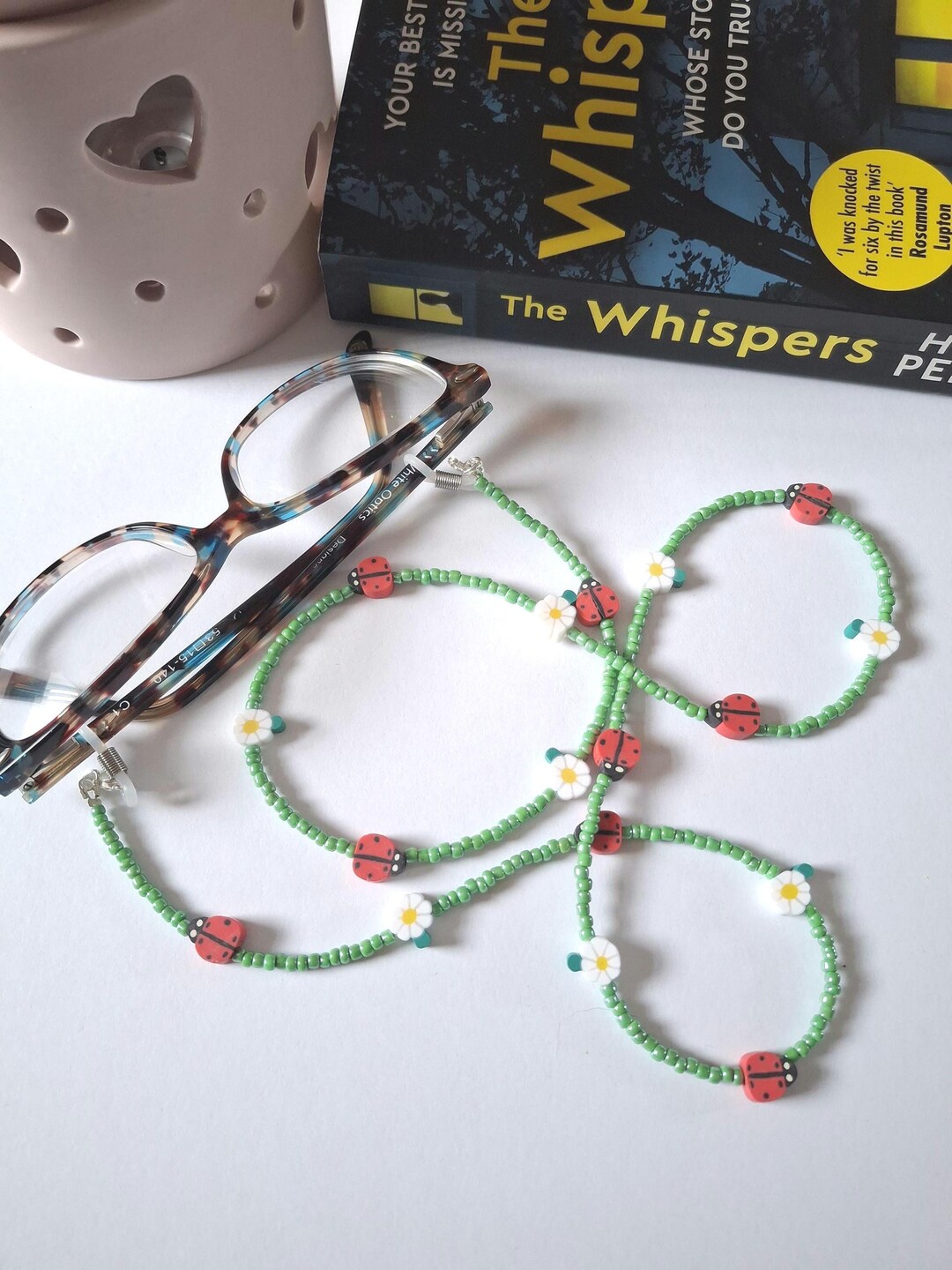 Ladybird and Daisy Beaded Glasses Chain: Handmade Green Seed Bead ...