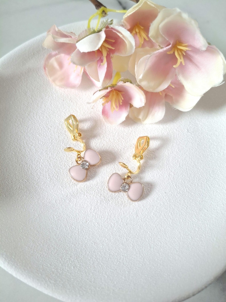 Pink Bowknot Clip-on Earrings With Diamante Detail. for Non-pierced ...