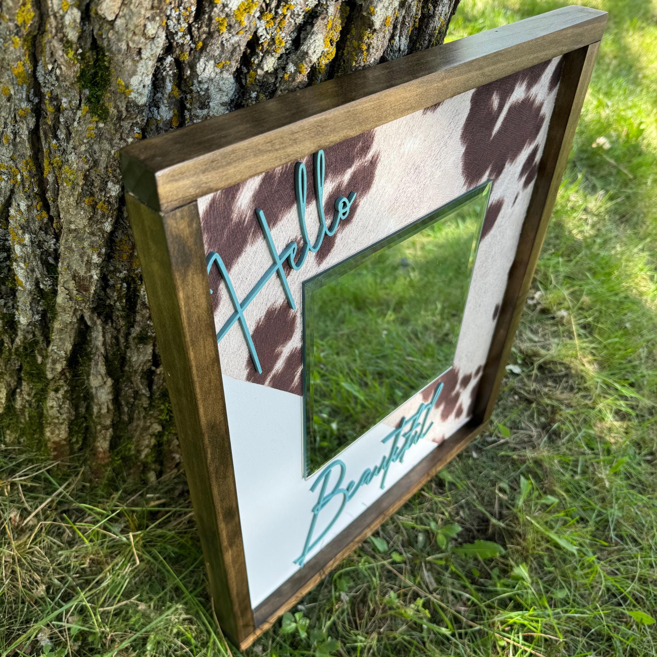 Cow Hide Hello Beautiful Mirrored Home Country Sign, Rustic Farmhouse ...