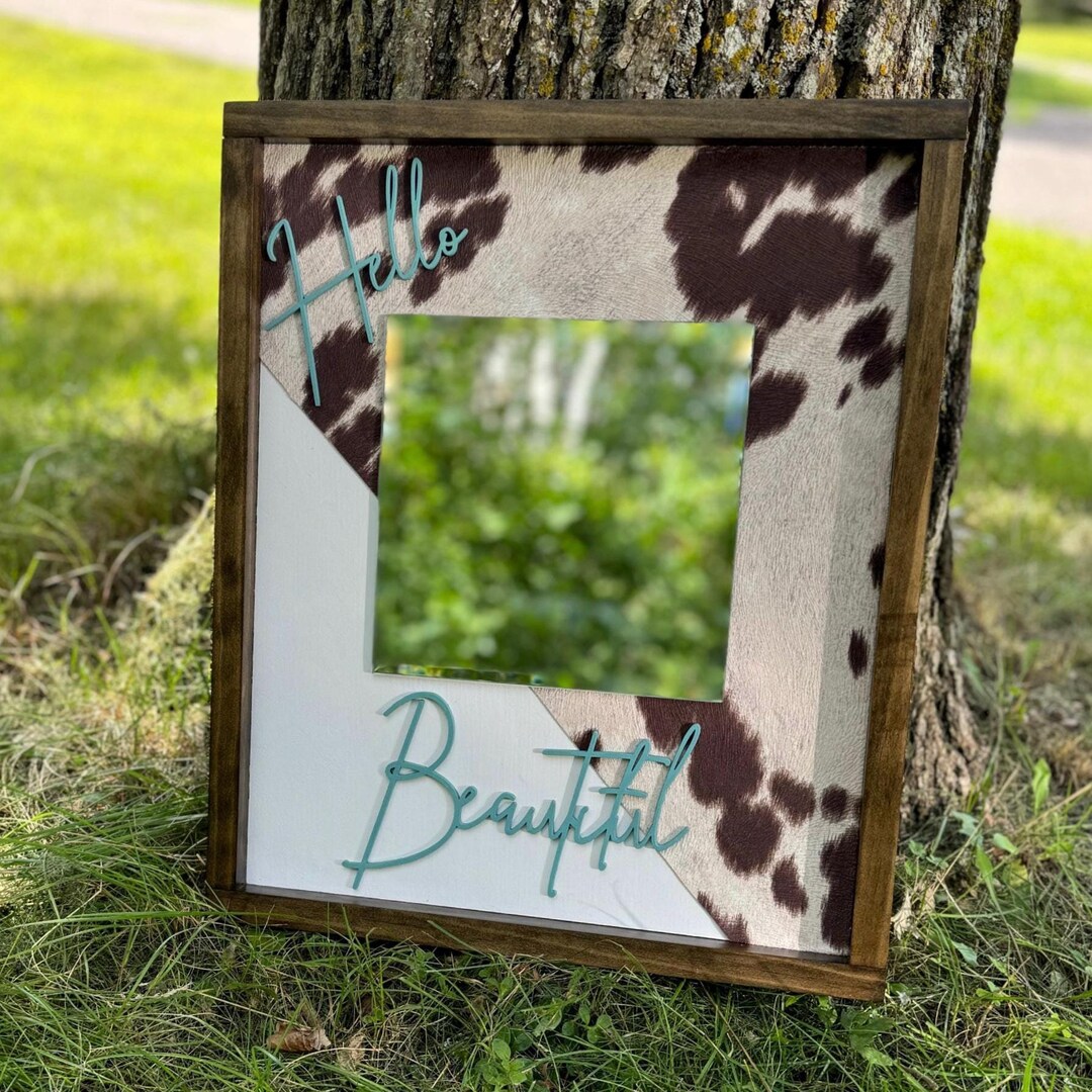 Cow Hide Hello Beautiful Mirrored Home Country Sign, Rustic Farmhouse ...
