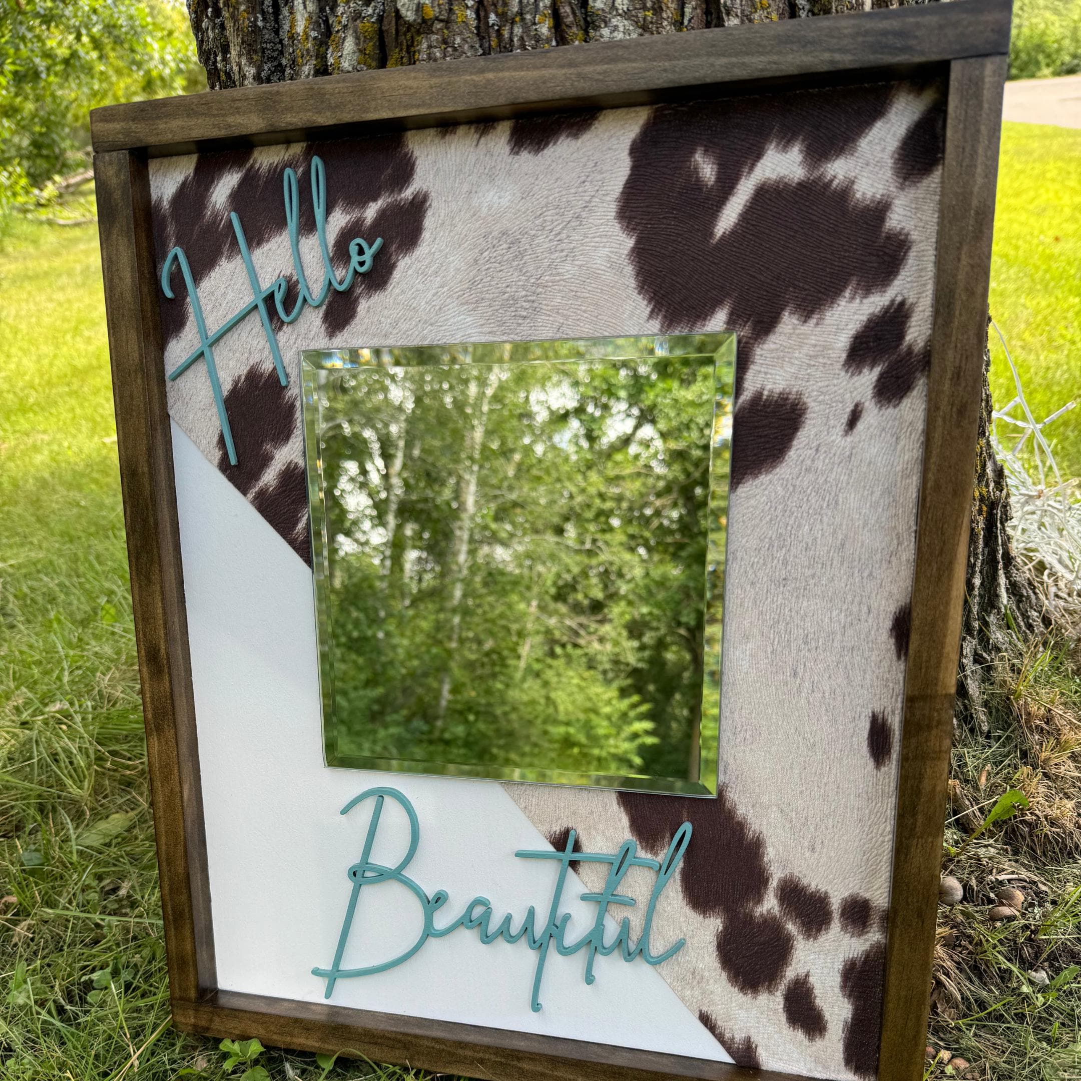 Cow Hide Hello Beautiful Mirrored Home Country Sign, Rustic Farmhouse ...