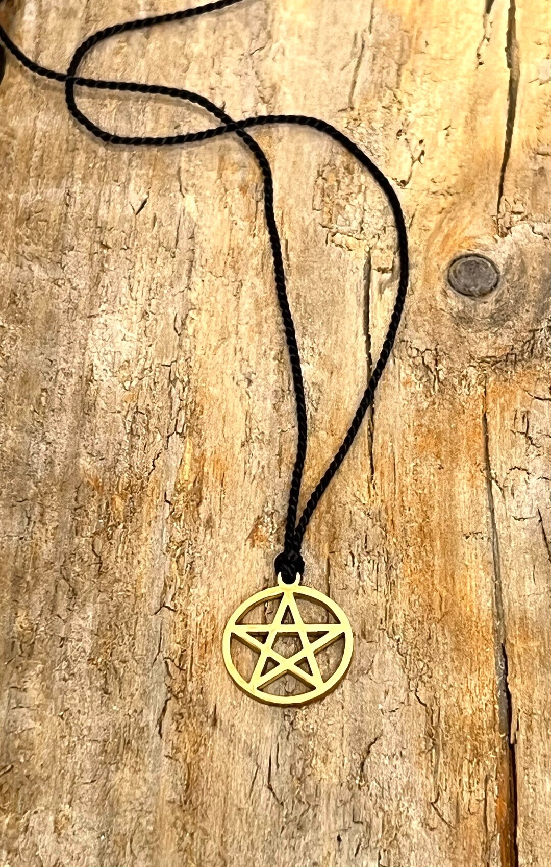 Pentagram Pendant, Stainless Steel Gold Plated, on a Soft Black Silk ...