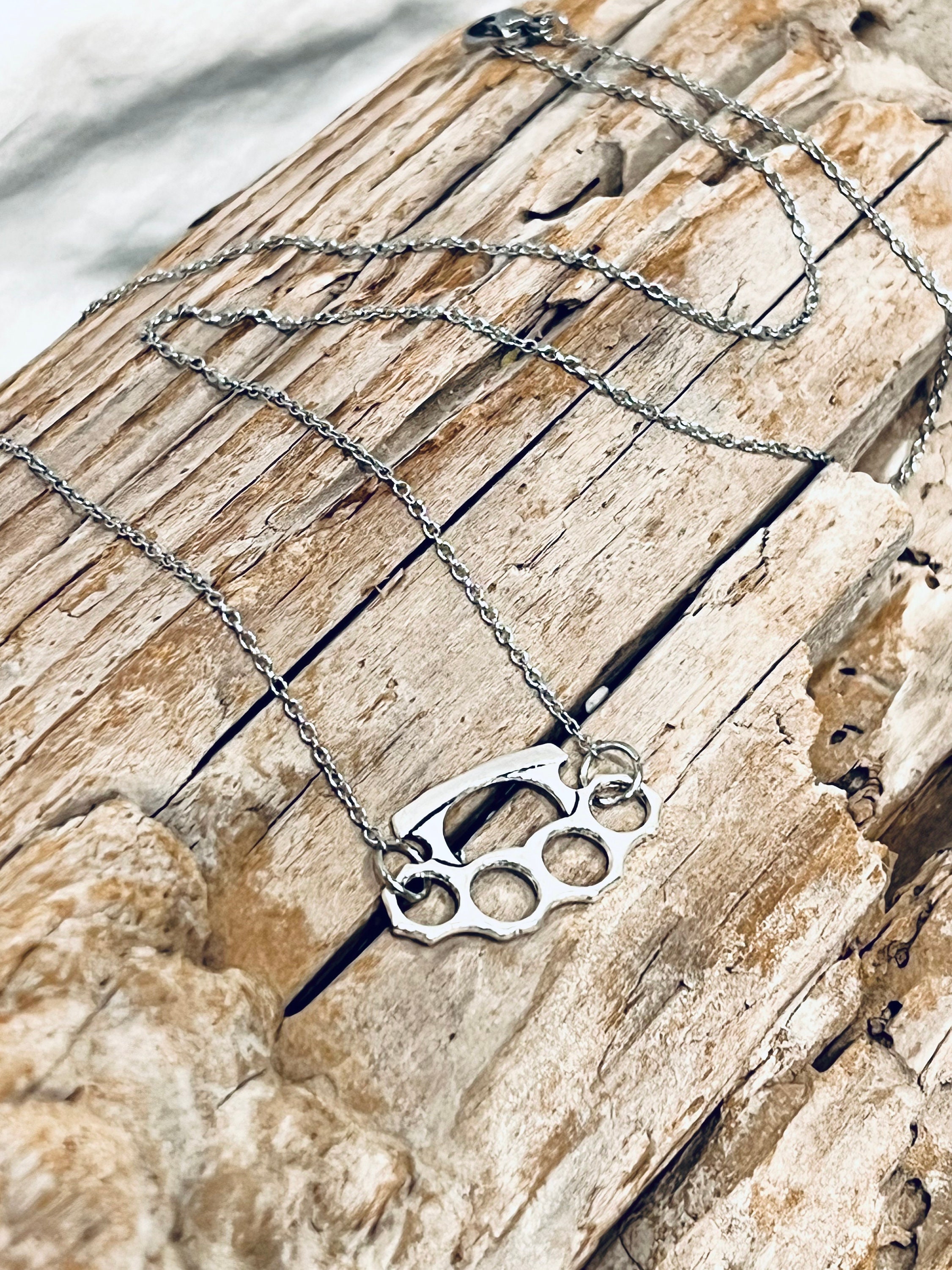 Wicked Brass Knuckles, Silver Tone Pendant, on a Stainless Steel Cable ...