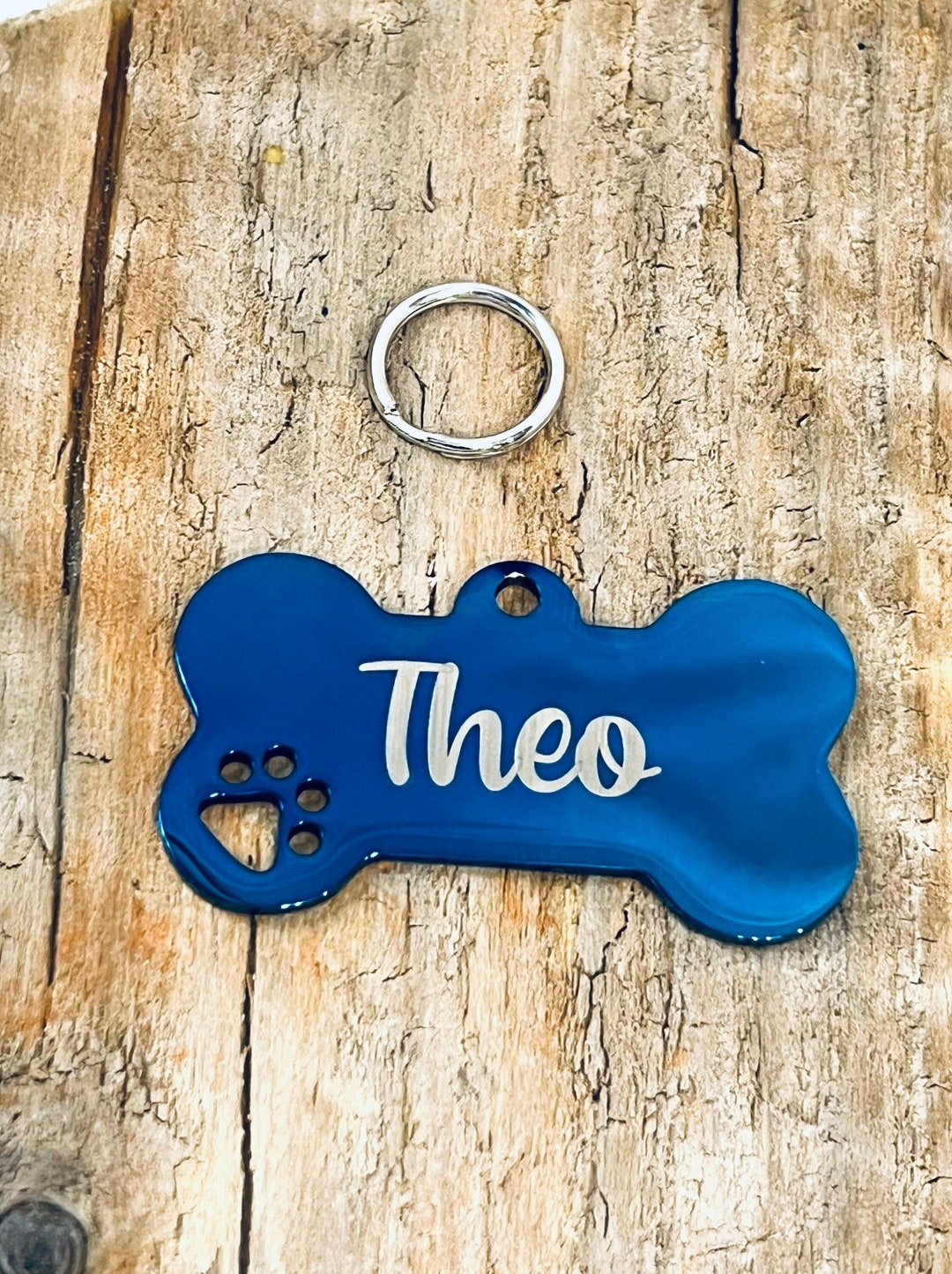 Theo, Custom Engraved Blue Stainless Steel Dog Bone, With a Paw Print ...