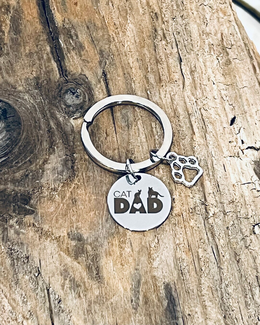 Cat Dad, Custom Engraved Stainless Steel Round Charm, Silver Tone Paw ...