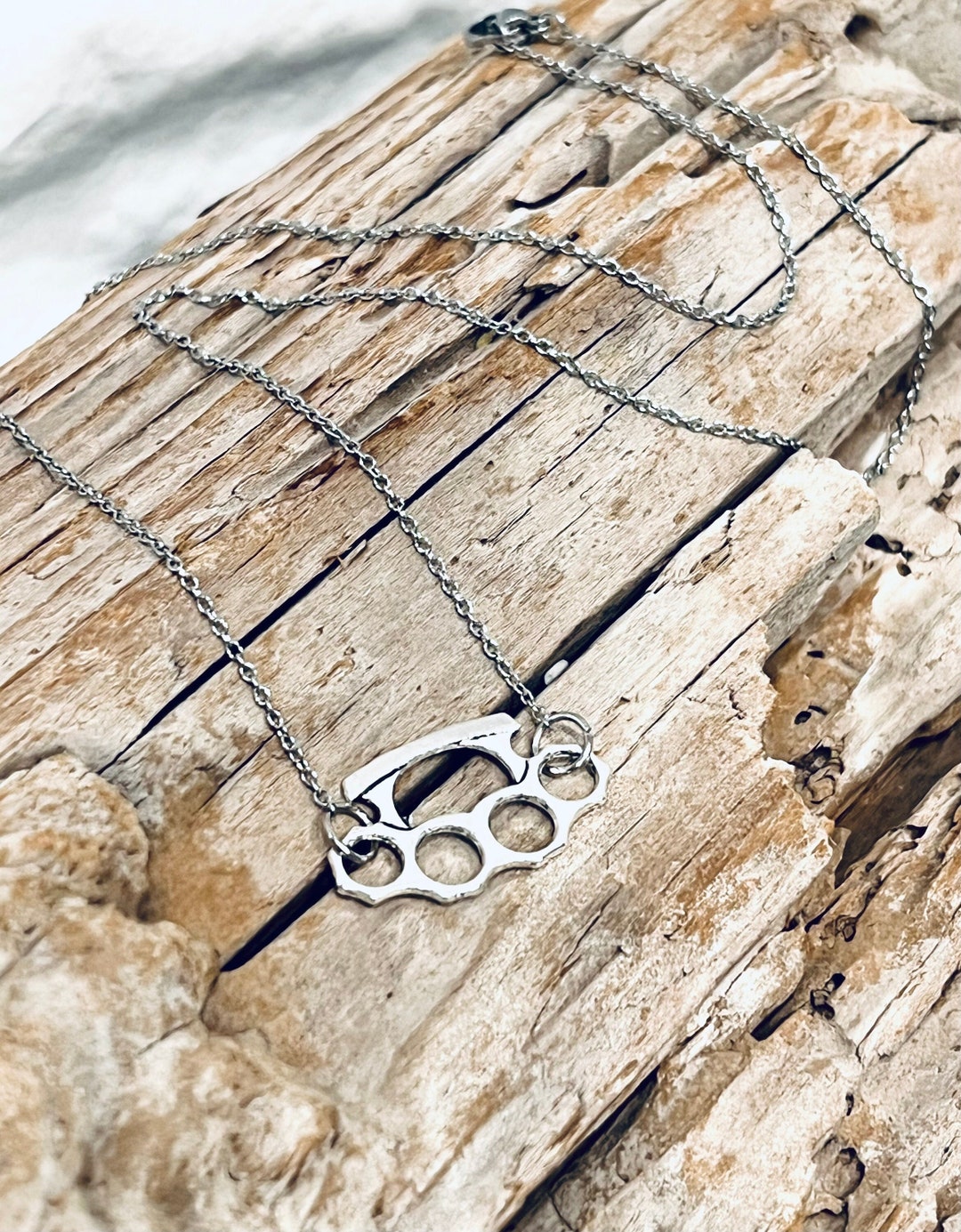 Wicked Brass Knuckles, Silver Tone Pendant, on a Stainless Steel Cable ...