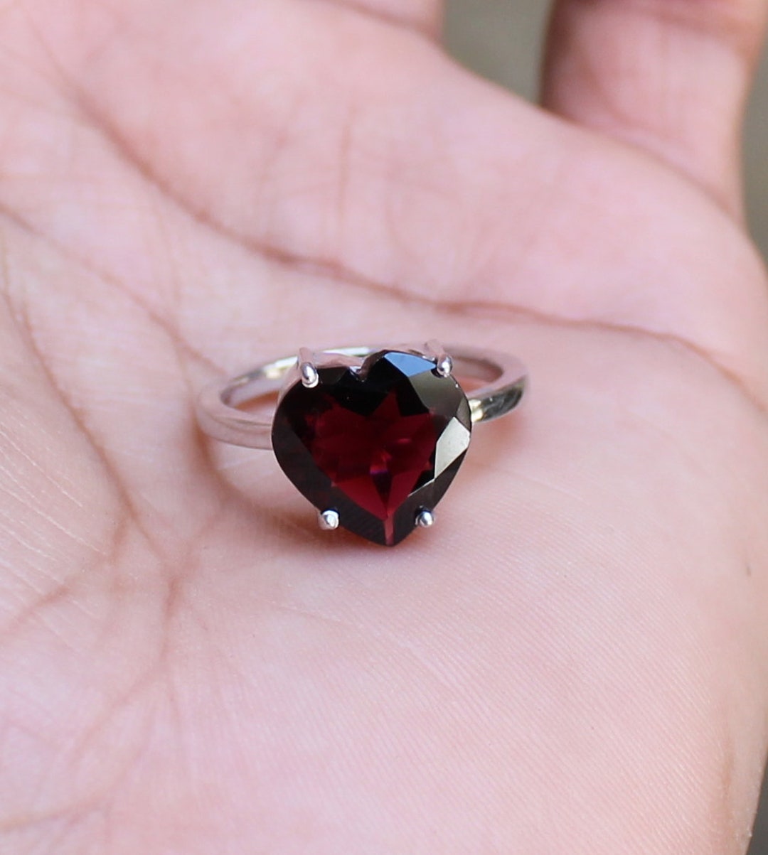 Natural Red Garnet Heart Ring 12 MM Heart Garnet 925 Sterling Silver ...