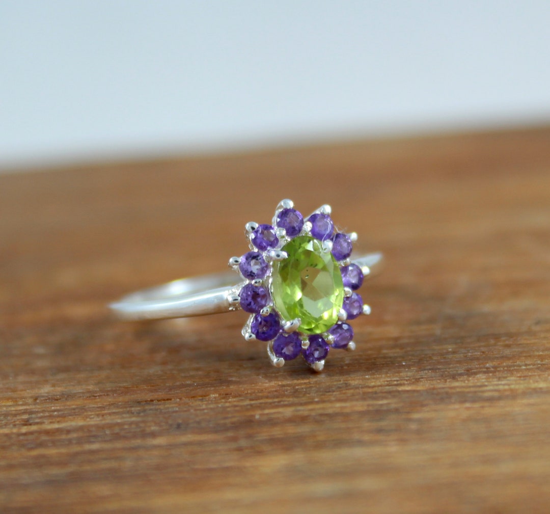 Natural Amethyst Peridot Cluster Ring, 925 Sterling Silver, Suffragette ...