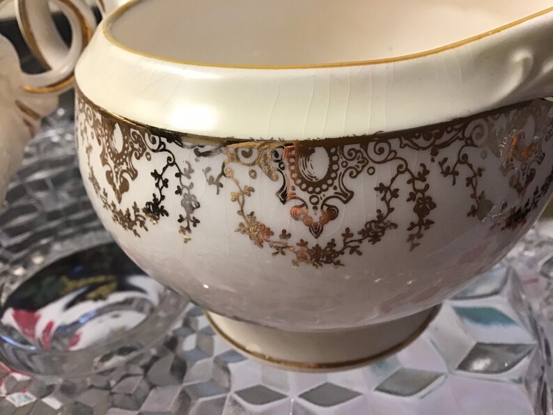 Vintage Crown Potteries USA Cream and Sugar Set Art Deco Gold Filagree ...