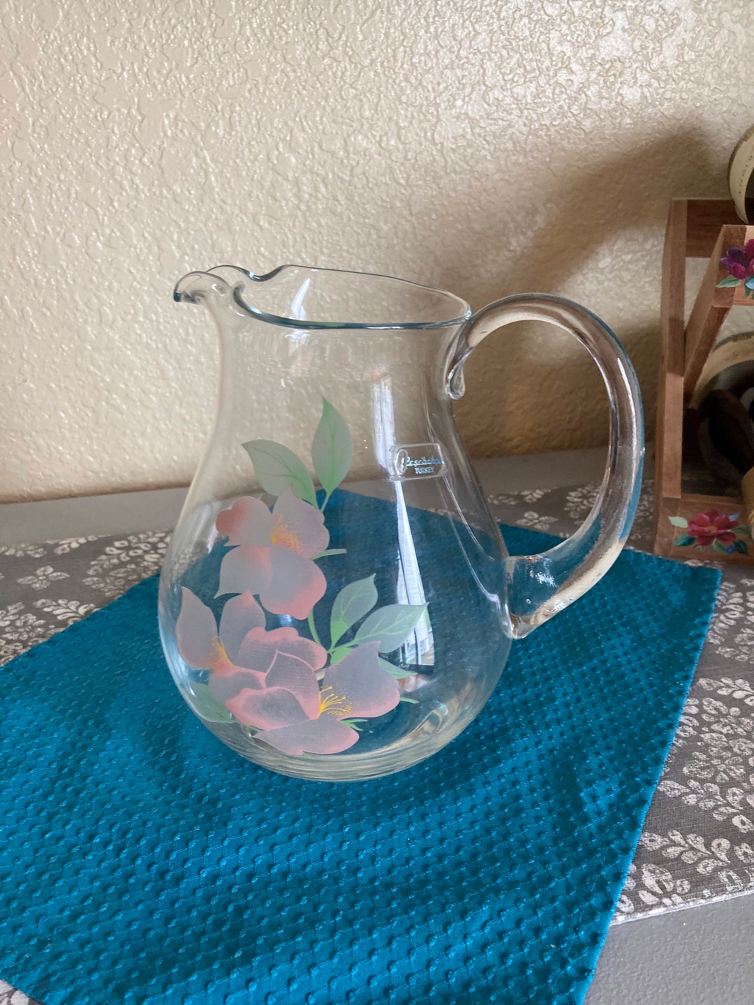 Hand Blown Drinks Pitcher Pasabahce Turkey With Pink Flowers - Etsy