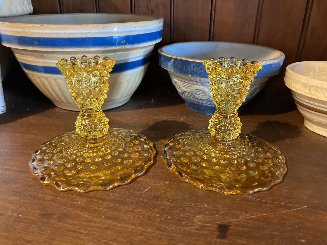 Vintage Pair of Duncan Miller Hobnail Glass Candlesticks Yellow Golden ...