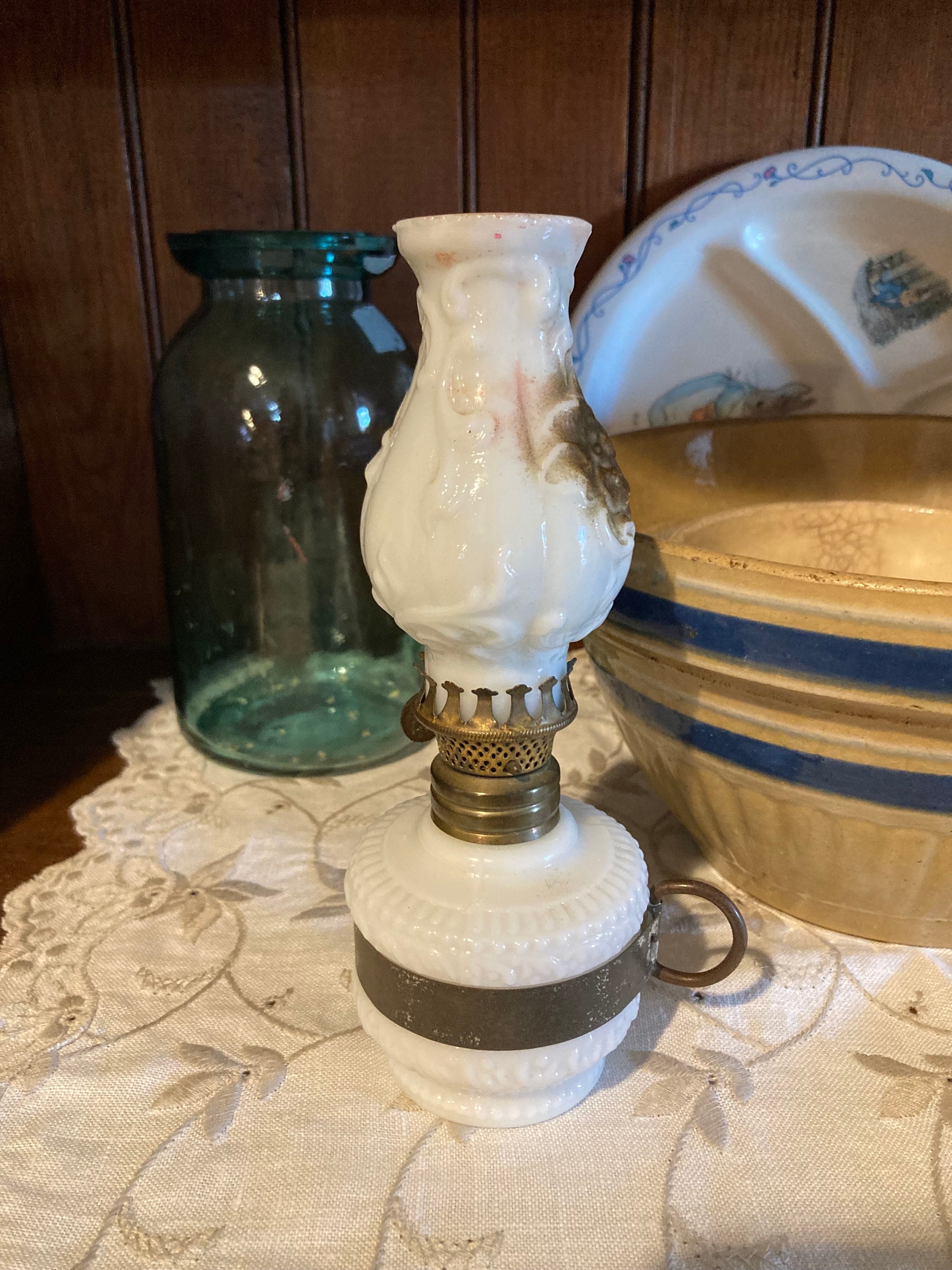 Antique Miniature Oil Lamp Victorian Milk Glass With Shade, Burner and ...