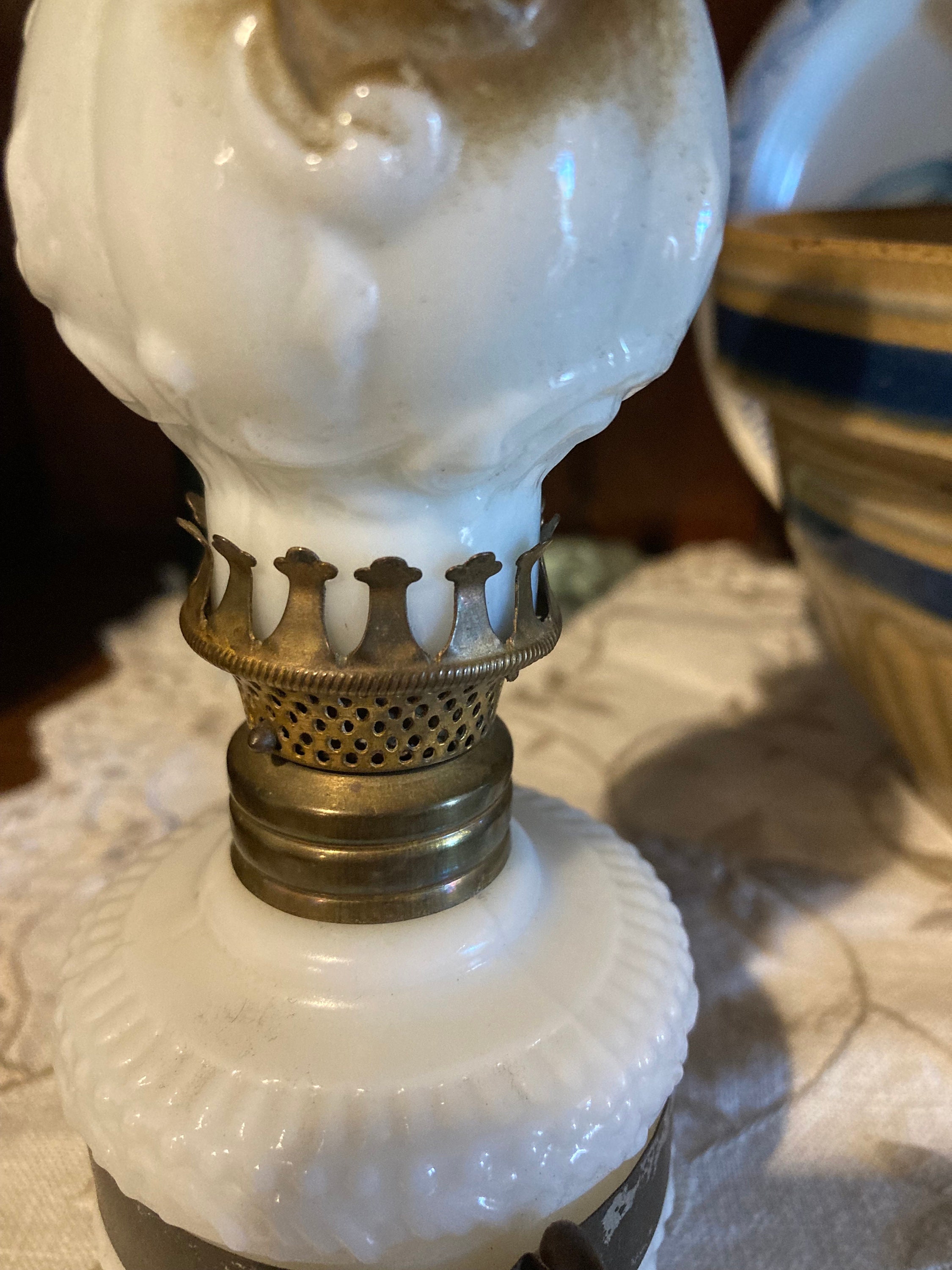 Antique Miniature Oil Lamp Victorian Milk Glass With Shade, Burner and ...