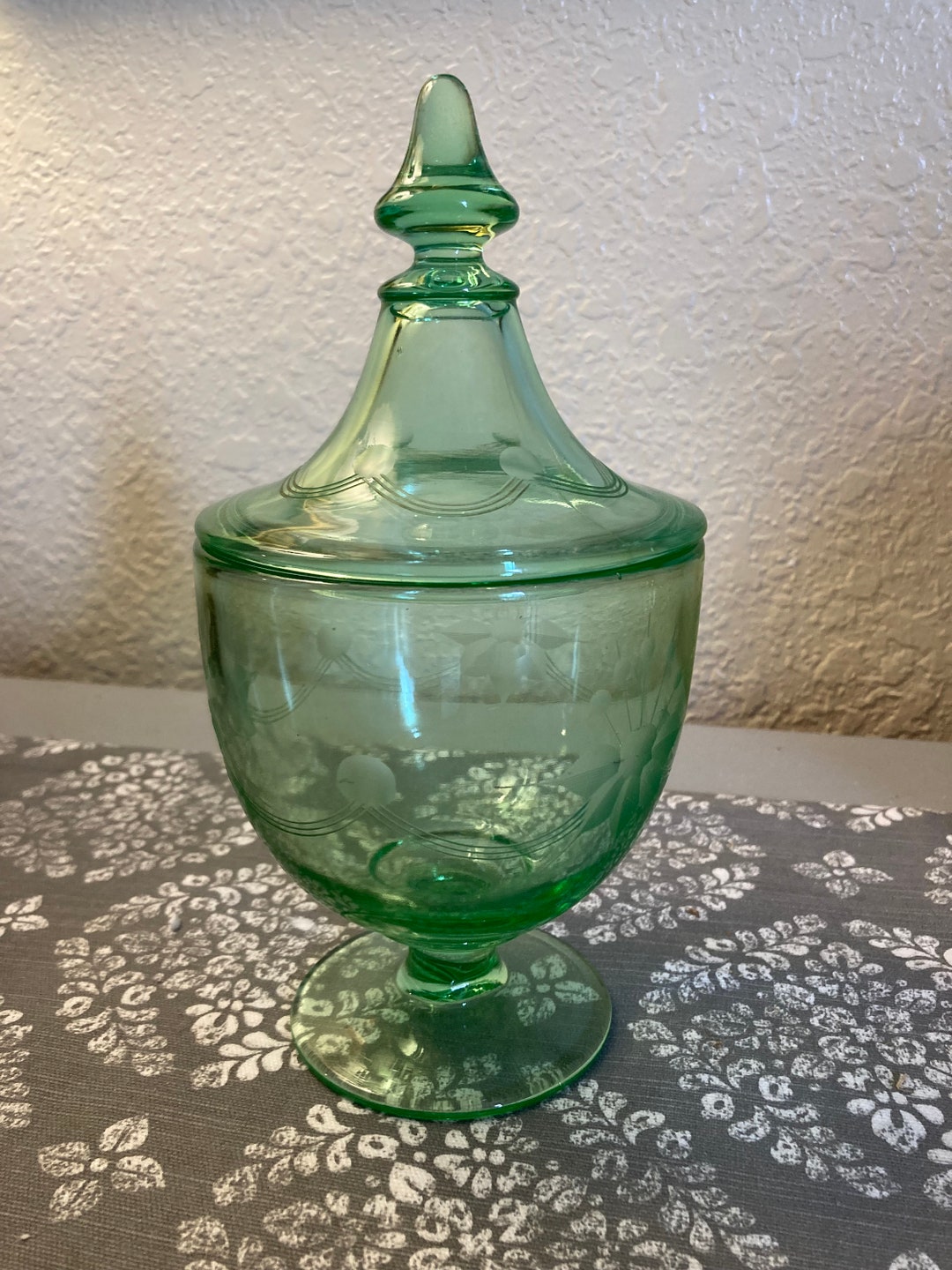 Vintage Hand Blown and Etched Green Uranium Glass Footed Candy Dish - Etsy