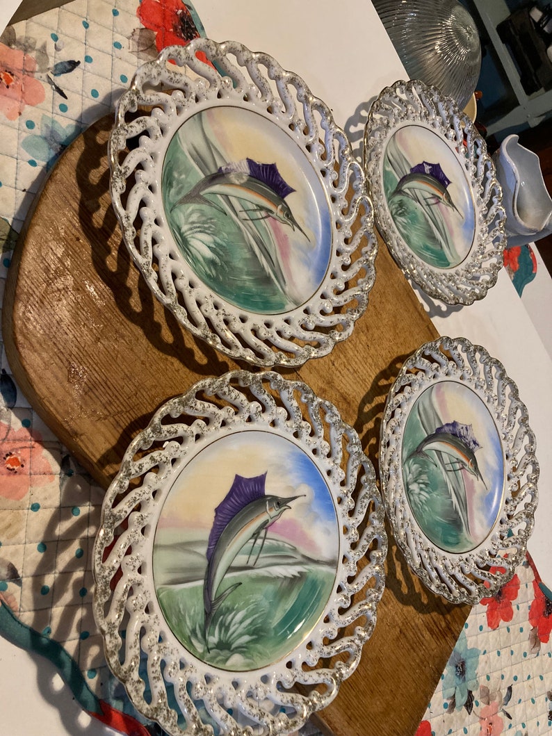 Set of 4 Vintage Painted Sail Fish Lattice Edged Decorative Plates - Etsy