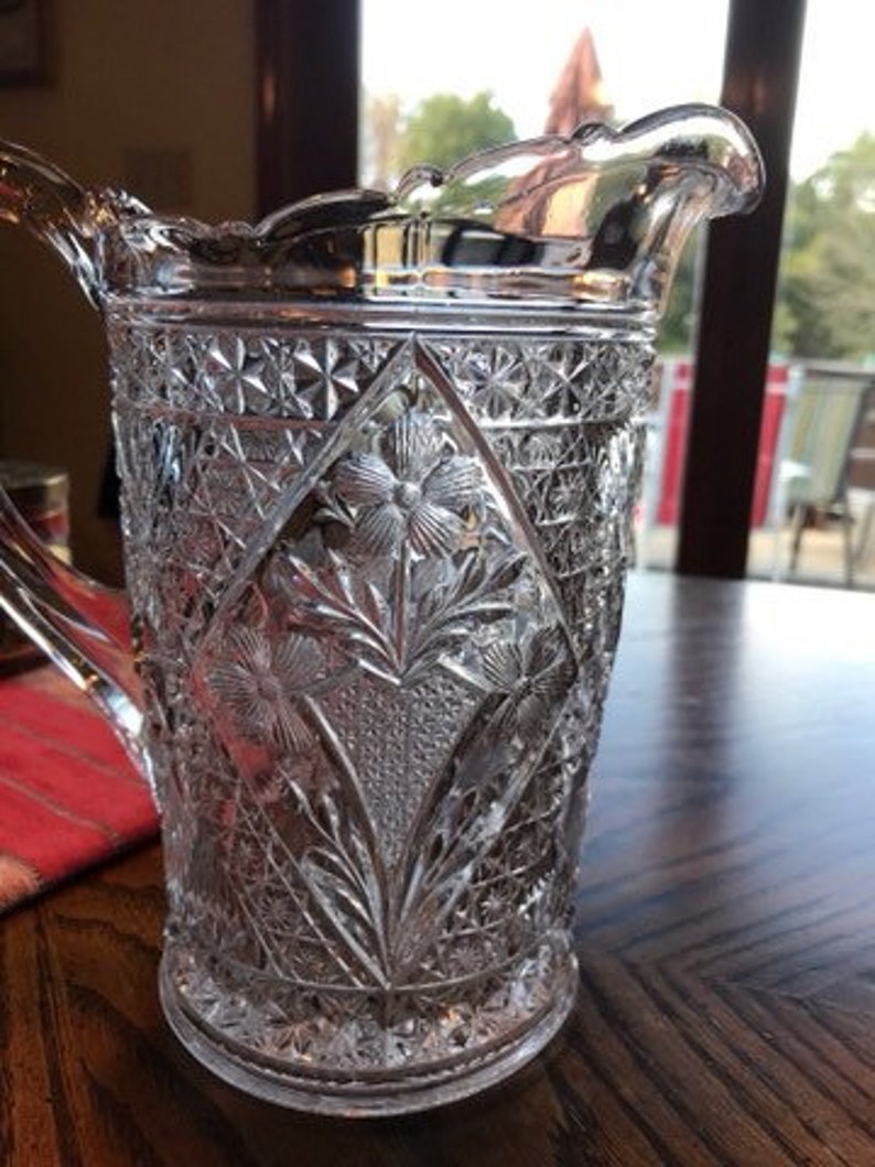 Early American Pattern Glass EAPG Pitcher Heavily Patterned With Vase ...