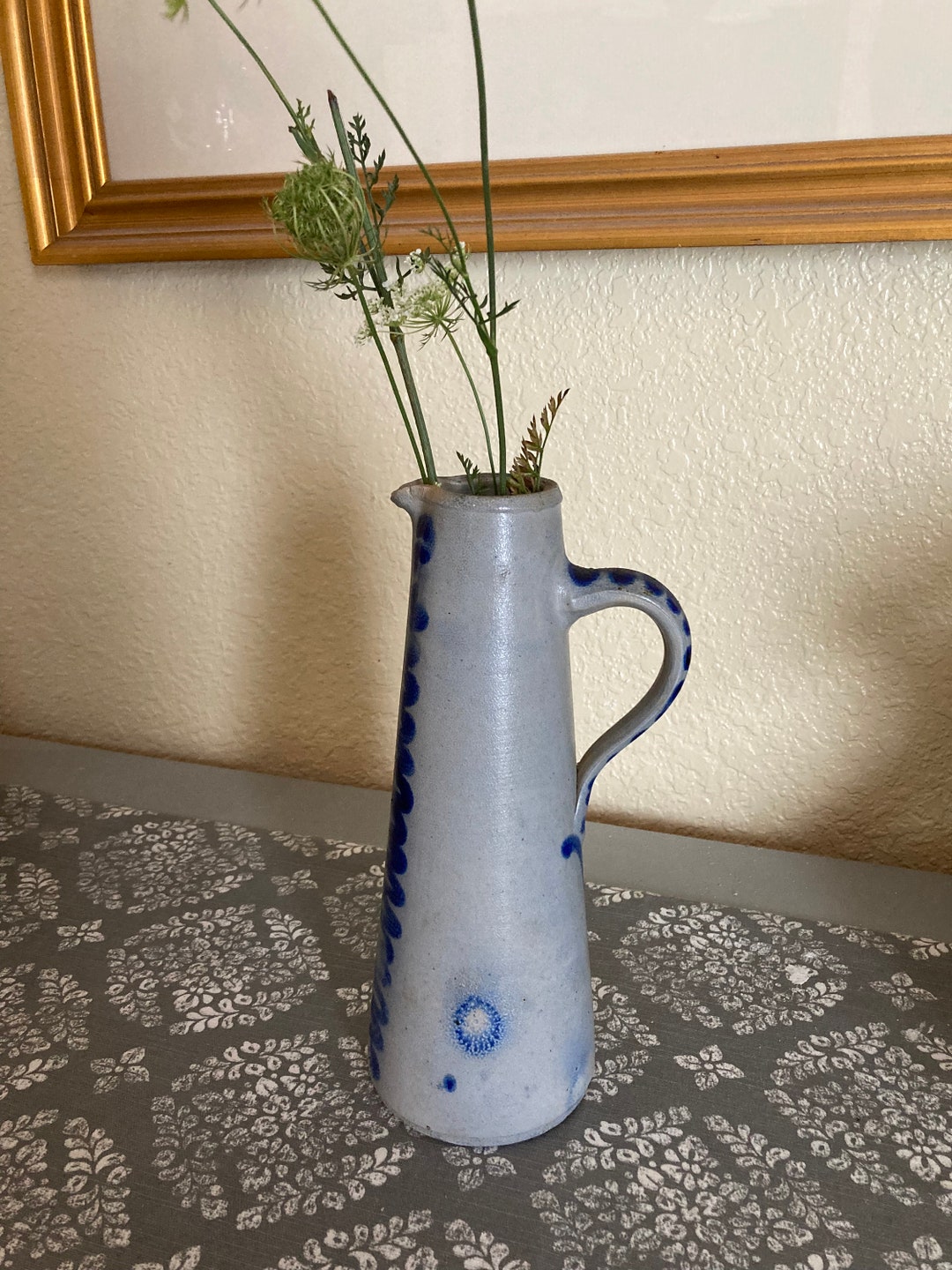 Rustic Vintage Salt Glazed Pottery Tall Pitcher Blue Accents - Etsy