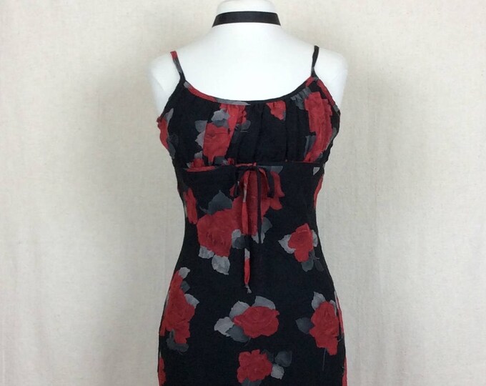 90's Red Roses Dress // Vintage 1990s Empire Waist Midi Dress Sheer ...