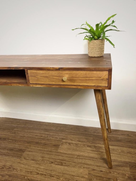 Bespoke handmade wooden table desk pull out drawers draw media unit 160 x 60 Industrial retro wooden tapered wood legs solid wood slim Etsy