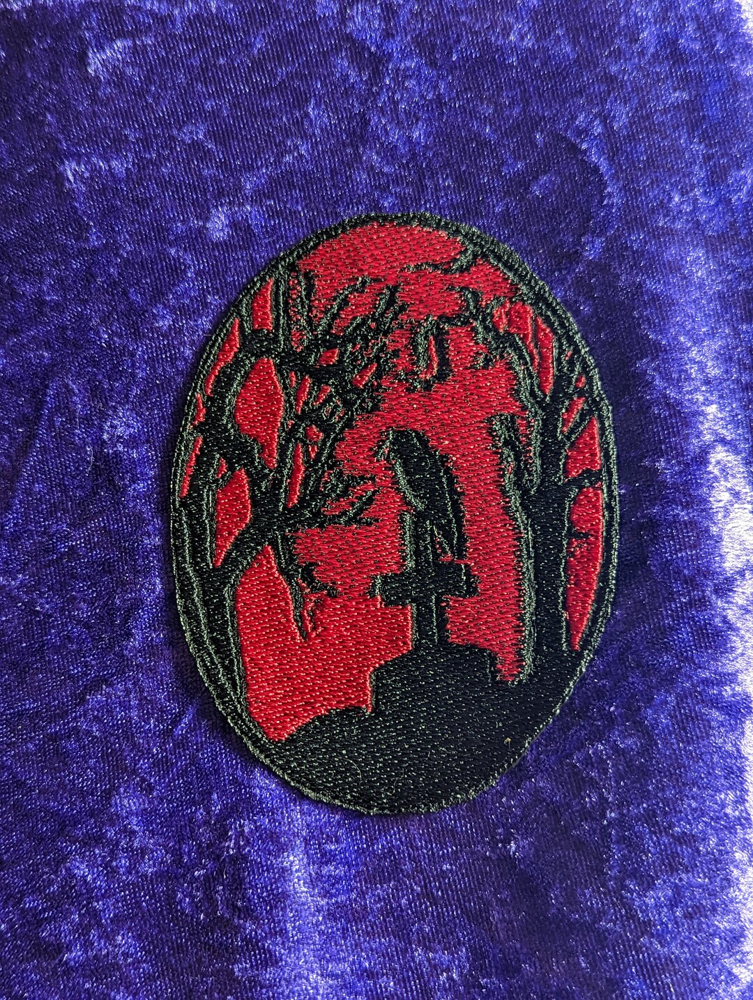 Raven on Headstone Embroidered Patch Red and Black - Etsy