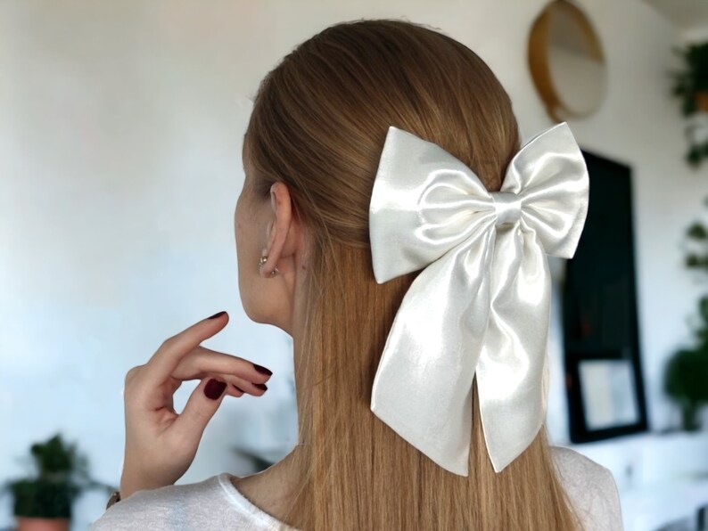 Bow Hair Clip, White Satin Bow, Large Hair Bows, Bow Hair Tie, Hair ...