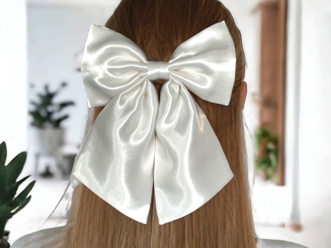 Bow Hair Clip, White Satin Bow, Large Hair Bows, Bow Hair Tie, Hair ...