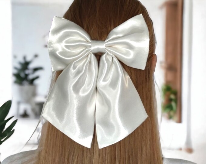 Bow Hair Clip, White Satin Bow, Large Hair Bows, Bow Hair Tie, Hair ...