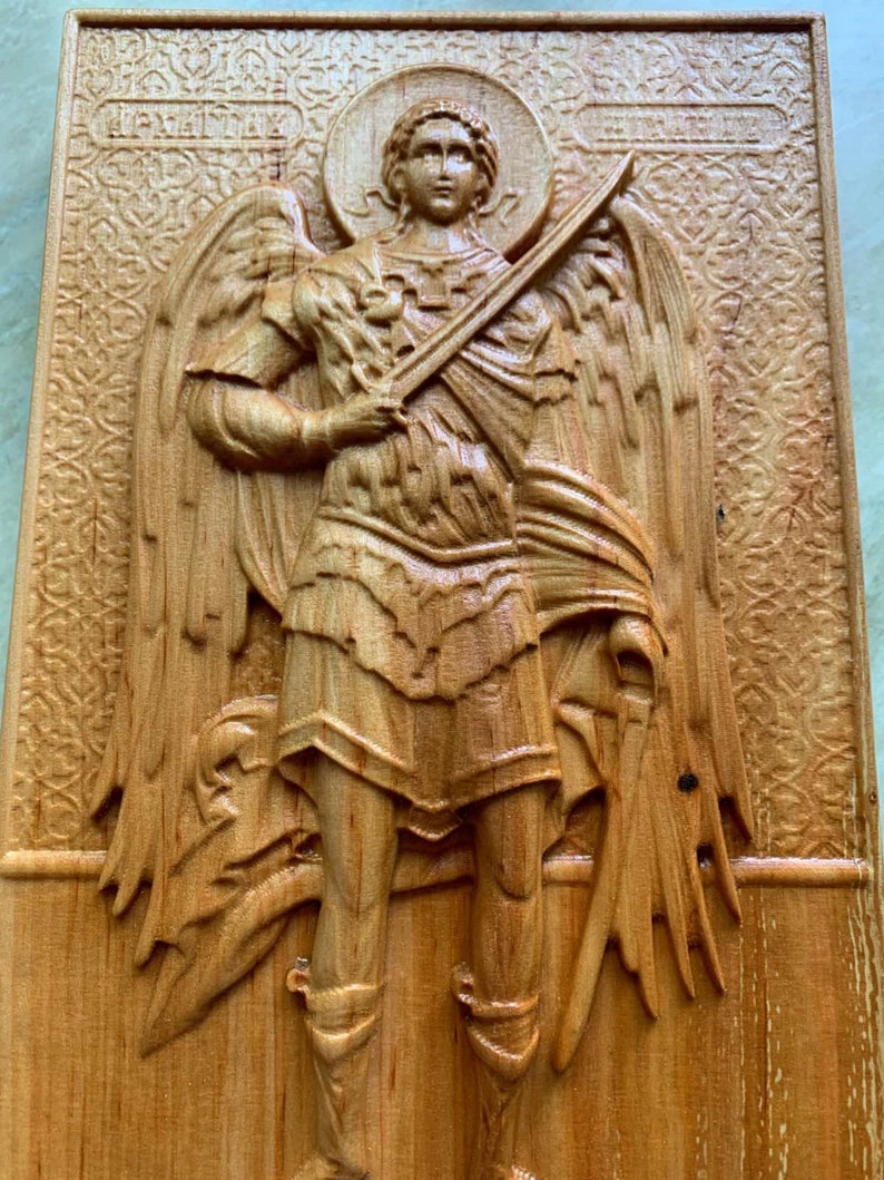 St. Michael the Archangel Carved Wooden Icon, Holy Protector, Religious ...