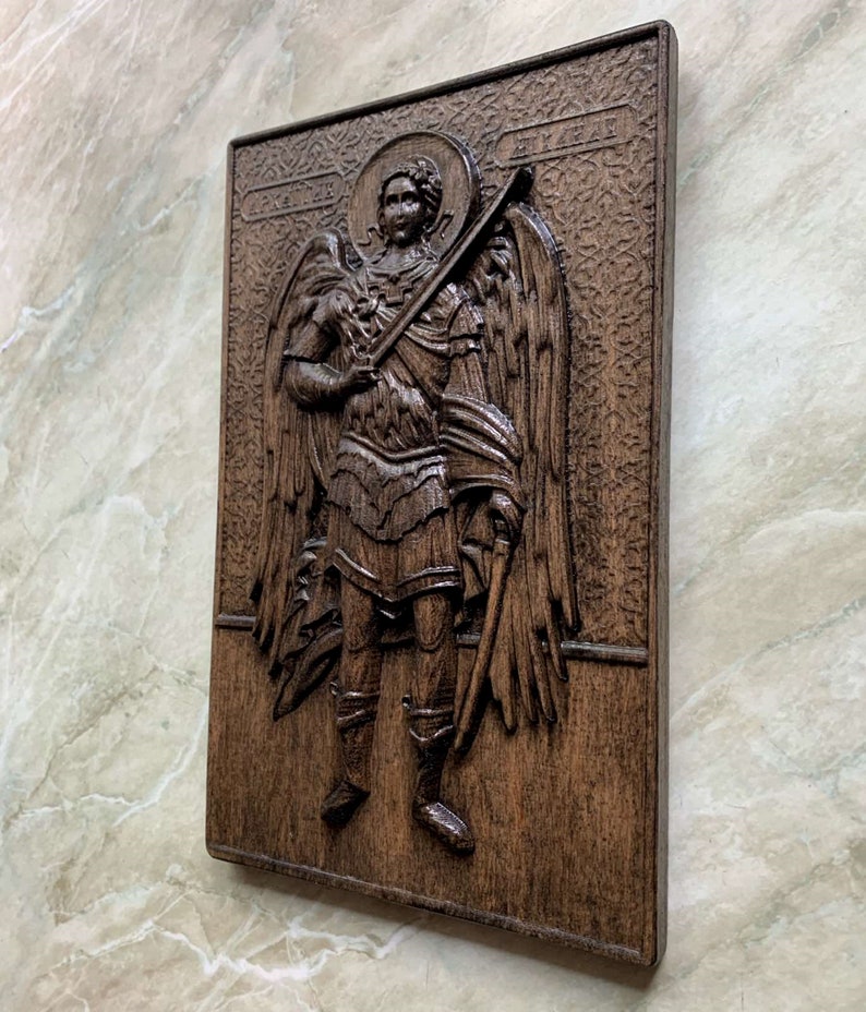 St. Michael the Archangel Carved Wooden Icon, Holy Protector, Religious ...