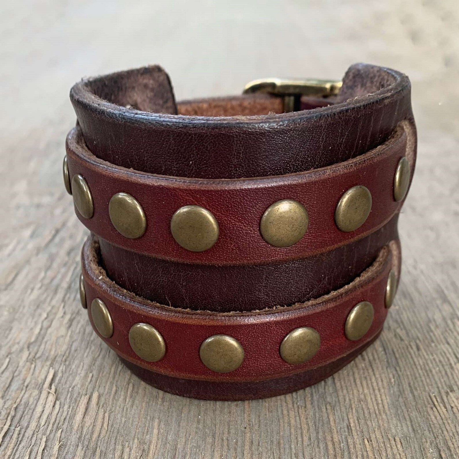 Leather bracelet with rivets Wide cuff adjustable genuine | Etsy
