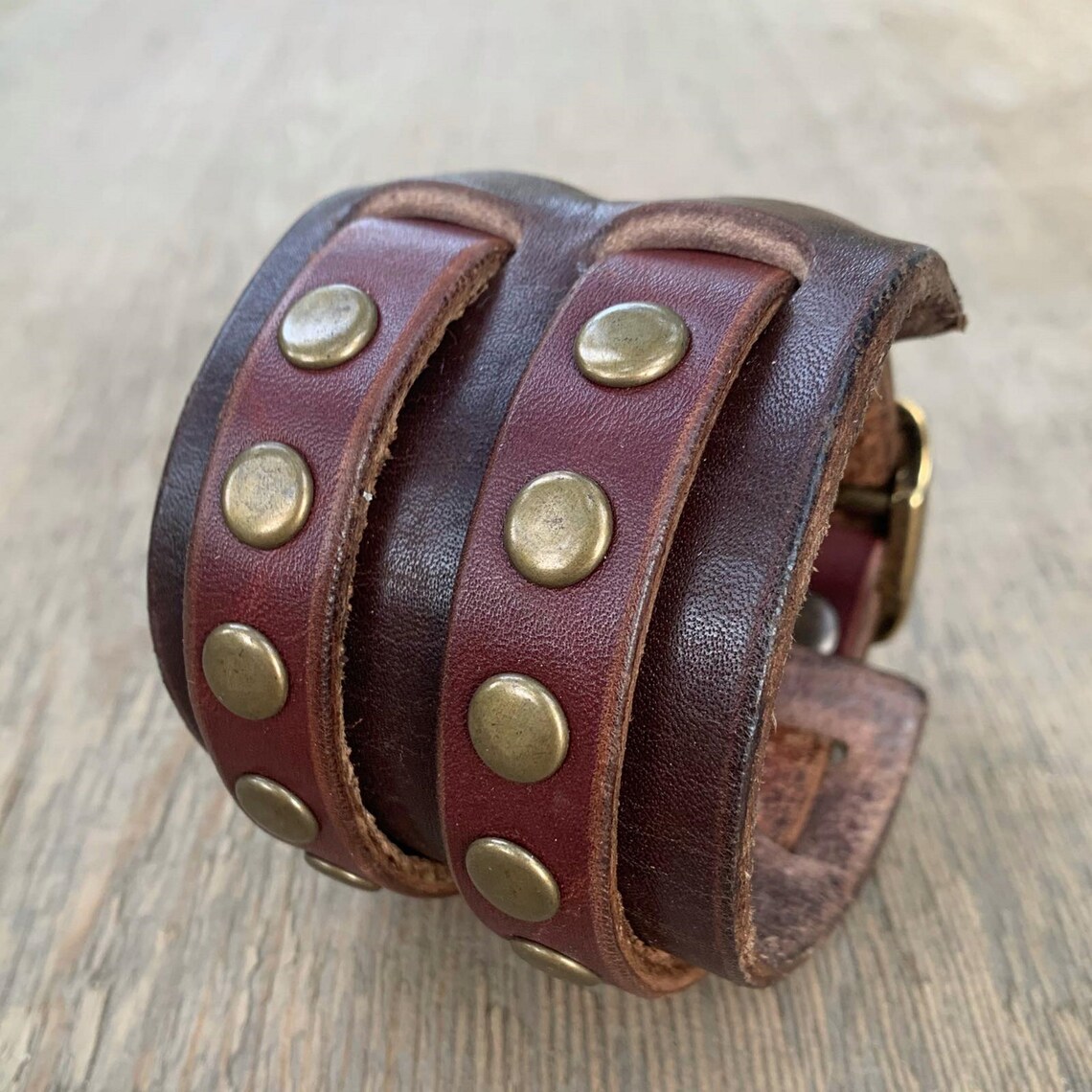Leather bracelet with rivets Wide cuff adjustable genuine | Etsy