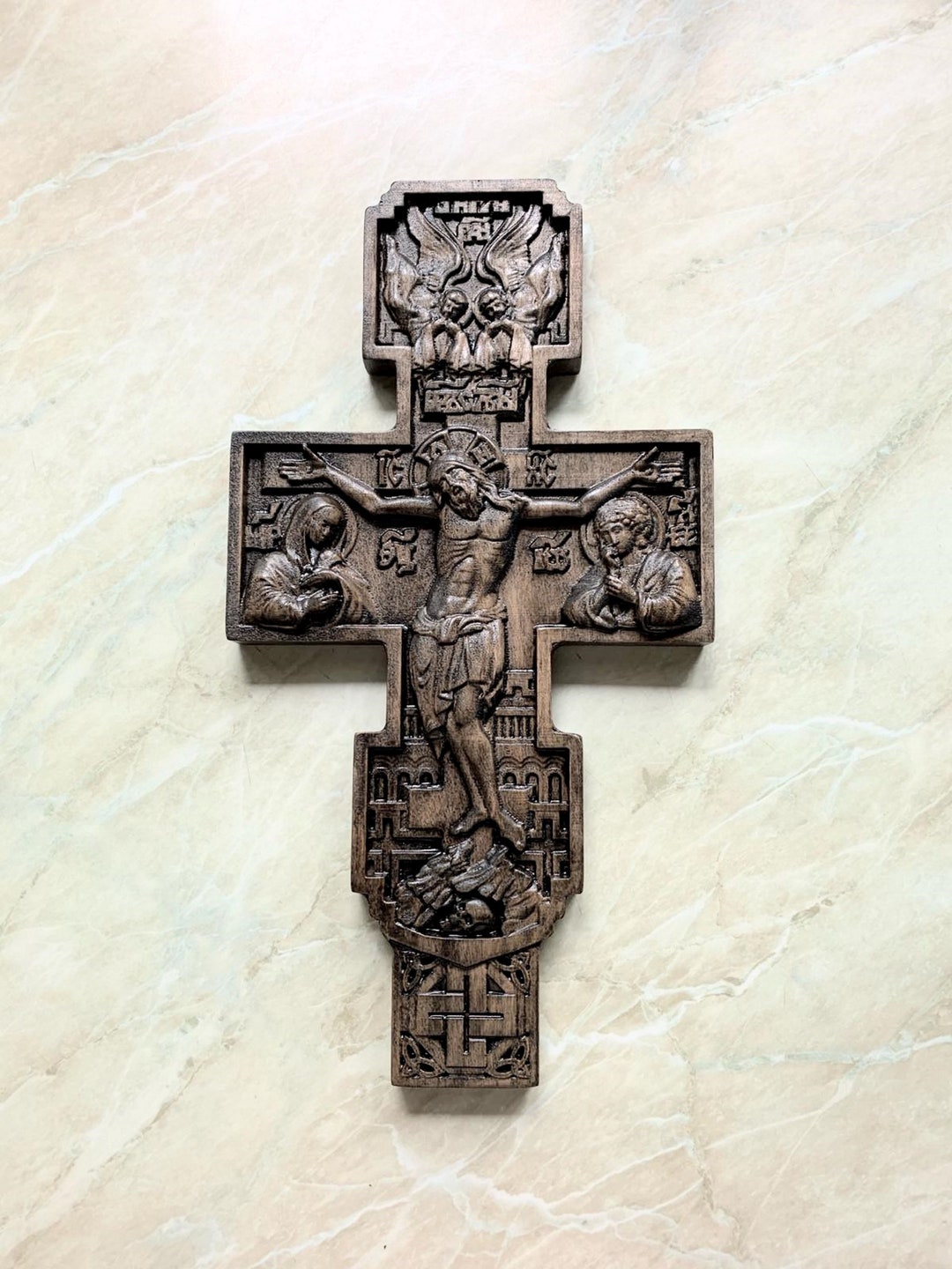 Jesus on Cross Religious Wall Art, Crucifix Wooden Carved Christian ...