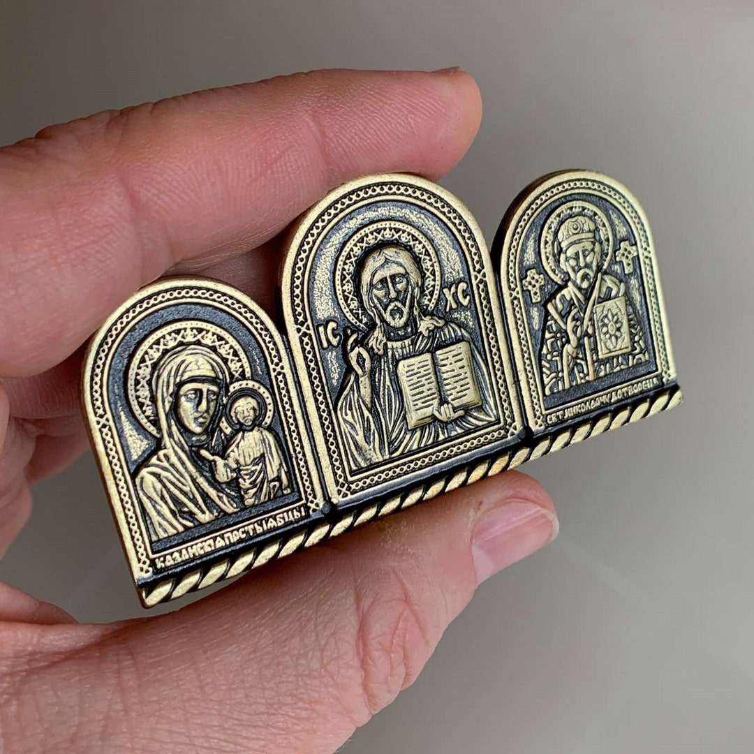 Christian Brass Magnet Icon-triptych Our Lady of Kazan, Jesus Christ ...