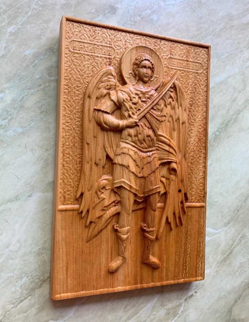 St. Michael the Archangel Carved Wooden Icon, Holy Protector, Religious ...