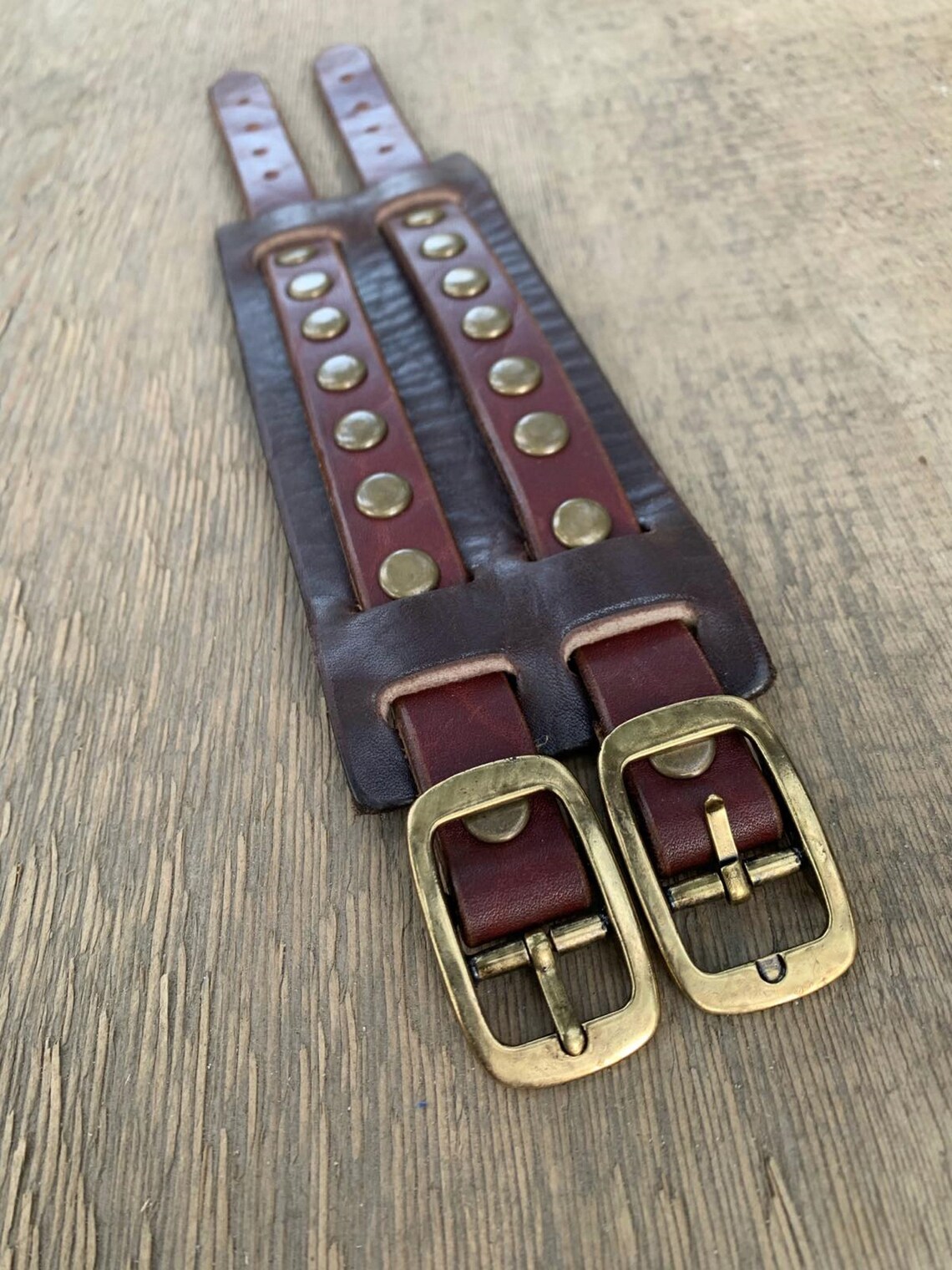 Leather bracelet with rivets Wide cuff adjustable genuine | Etsy