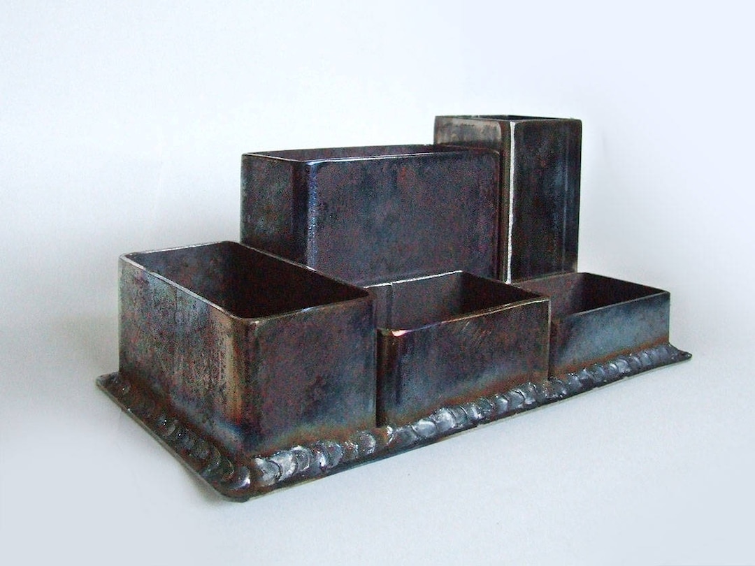 Rusty Industrial Iron Steel Desk Organizer Modern Metal Pen Stand Home ...