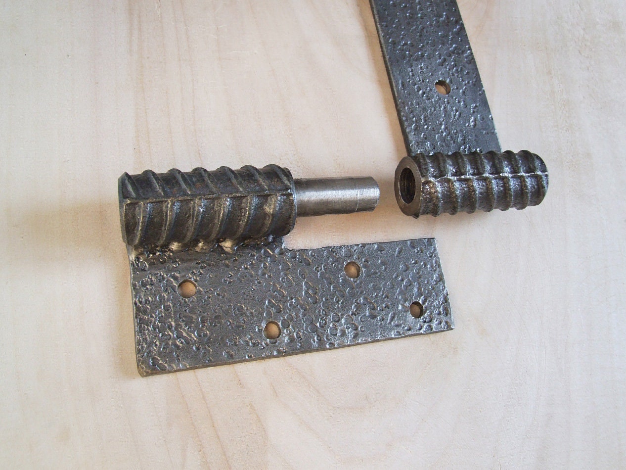 Pair of Hand Forged Barn Door Hinges Industrial Steel Wroght Rebar Gate ...