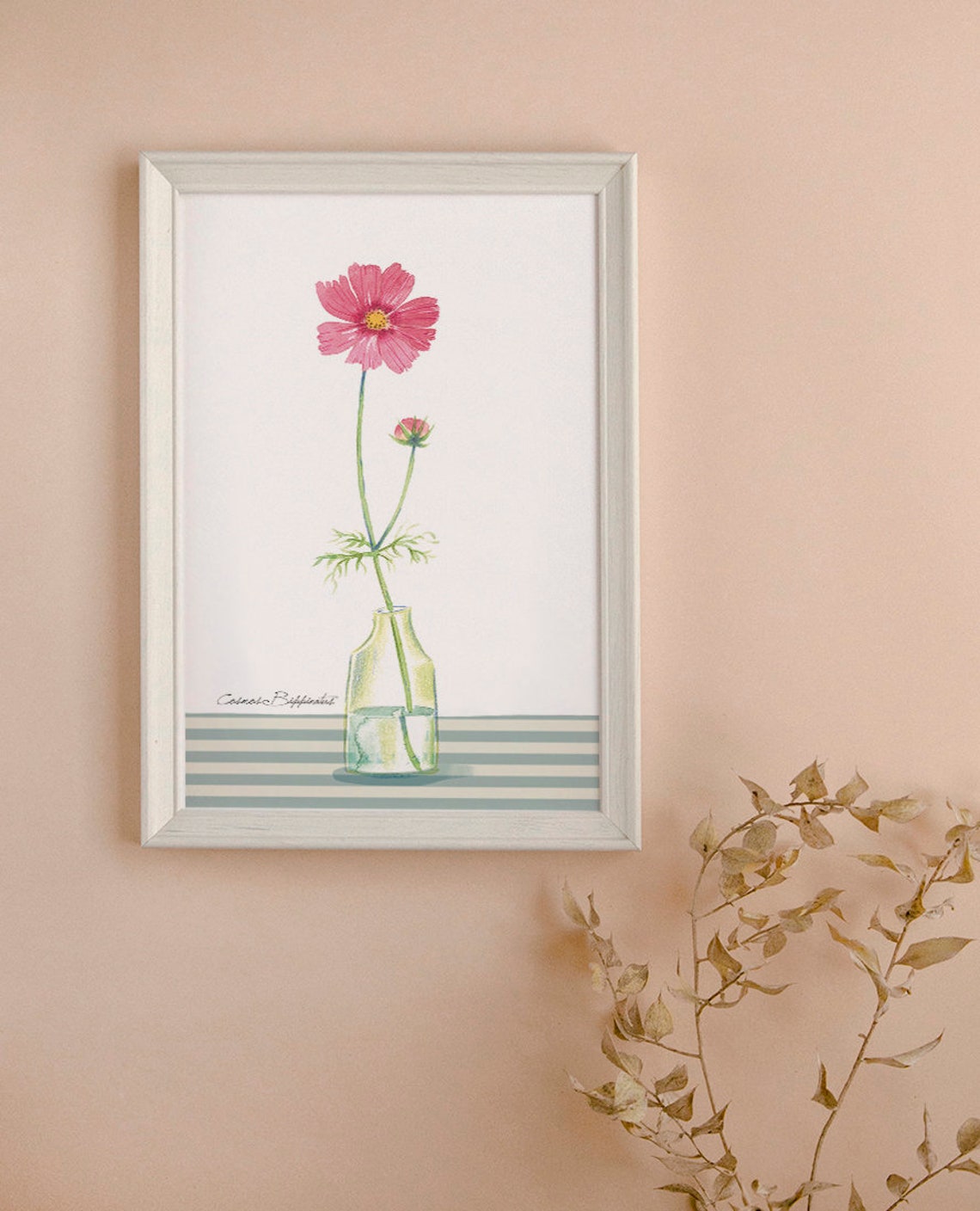Wild Cosmos Flower in Vase Print, Watercolor Illustration, Botanical ...
