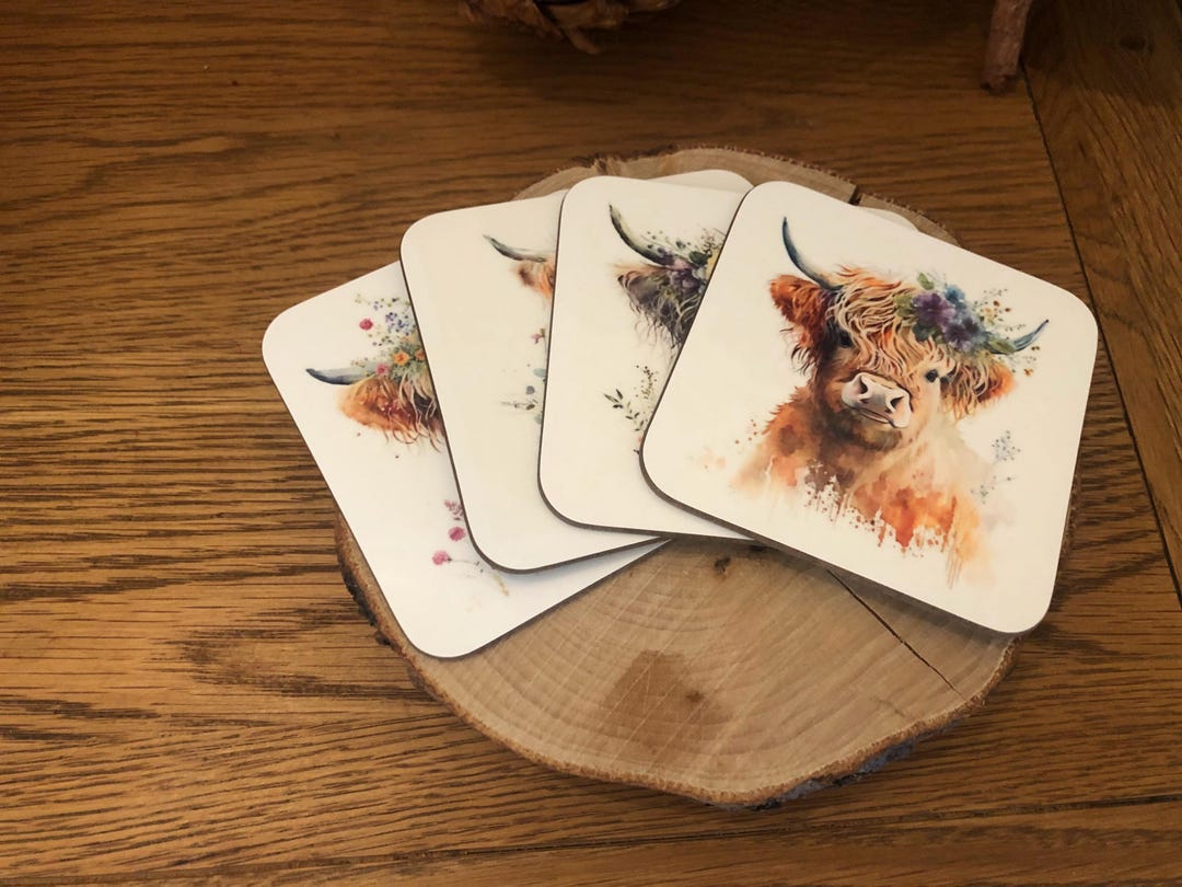 Highland Cow Coaster Set, Highland Cow Gift, Floral Highland Cows ...