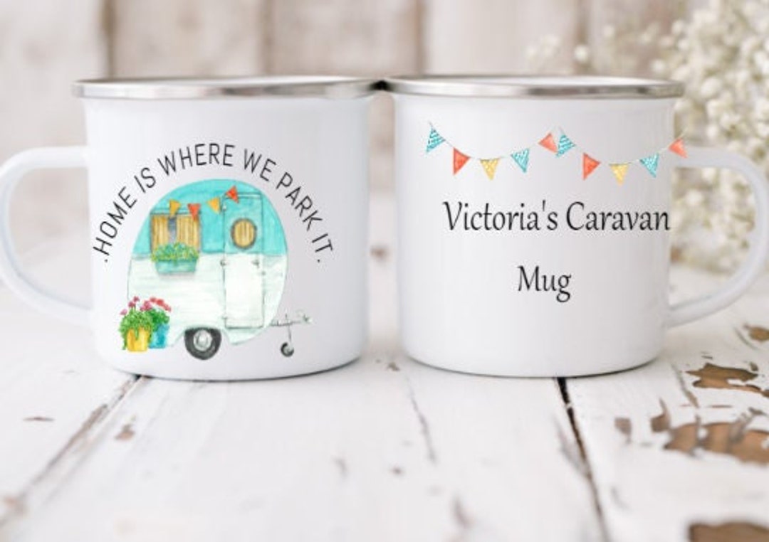 Personalised Caravan Enamel Mug. Pair of Enamel Mugs, His & Hers Mugs ...