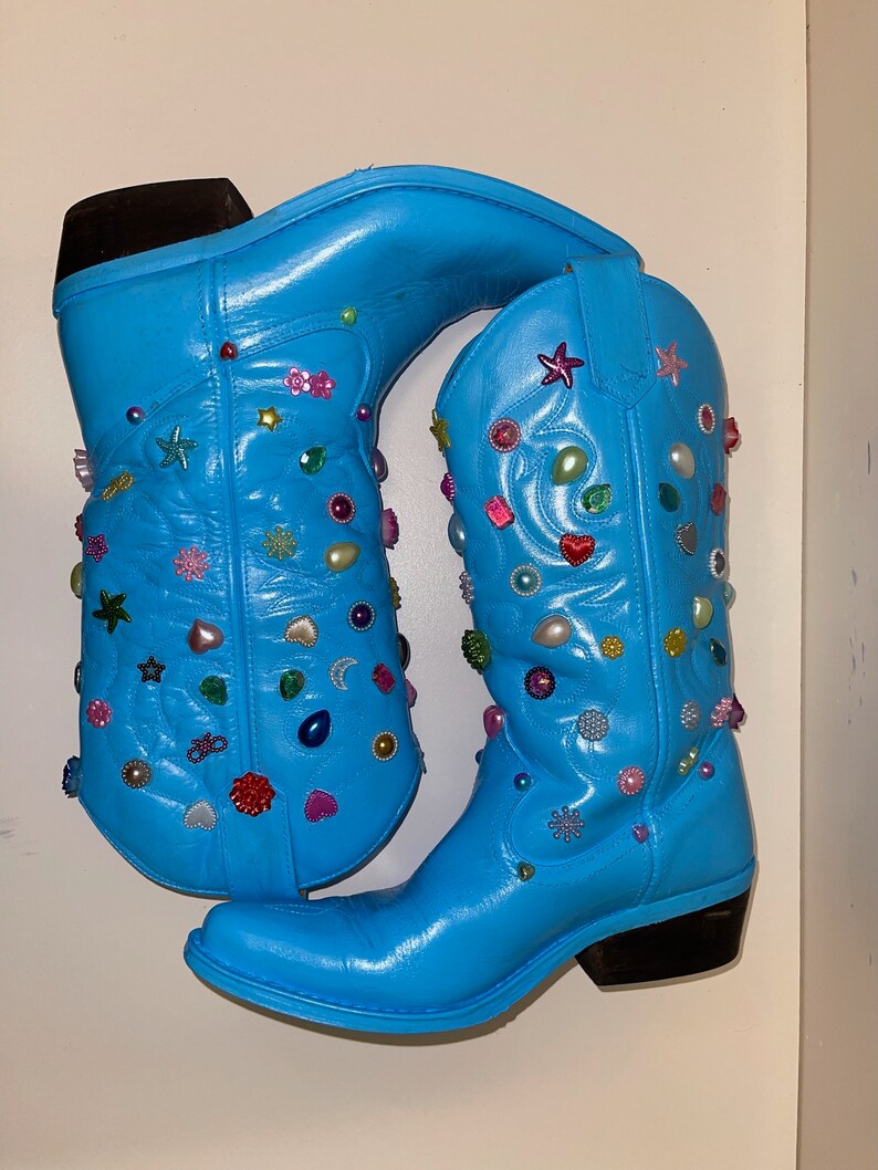 Blue Upcycled & Embellished Cowgirl Boots - Etsy