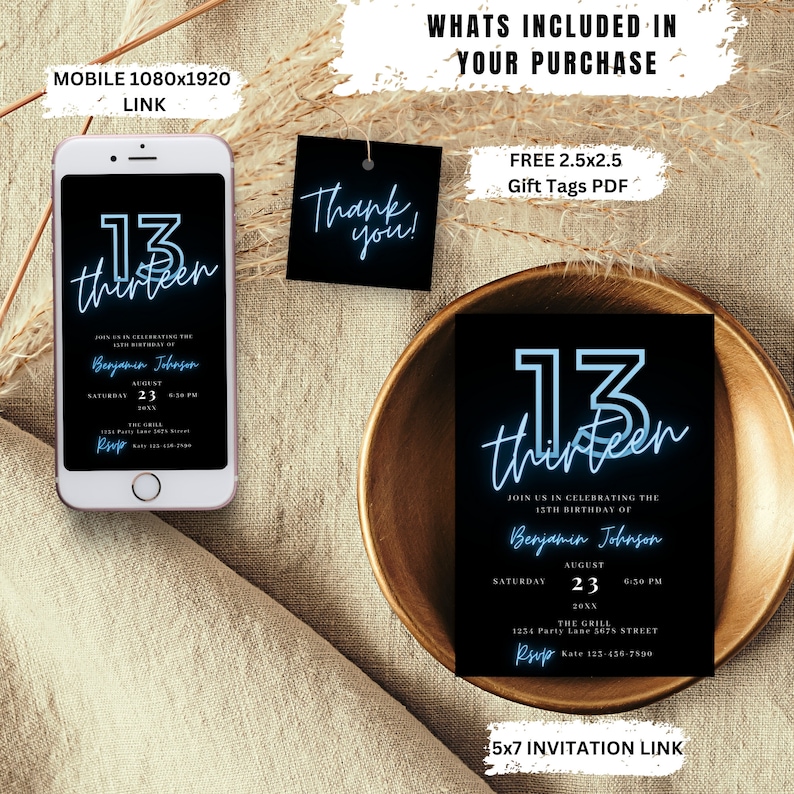 Editable Neon 13th Birthday Invitation, Teen Party (digital Download ...