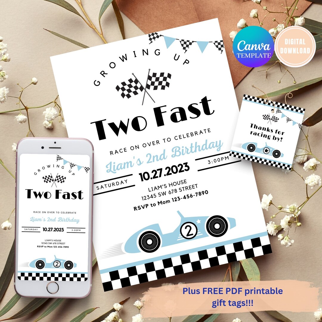 Classic Two Fast Birthday Invitation, Blue Vintage Race Car Birthday ...